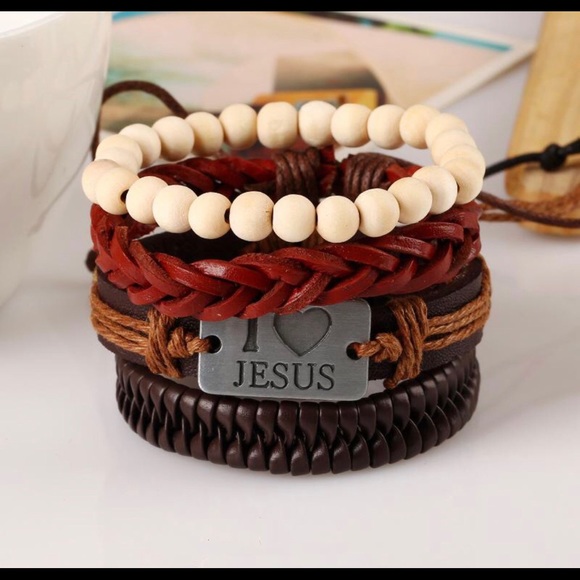 Jewelry | Set Of 4 Leather I Jesus Adjustable Bracelets | Poshmark